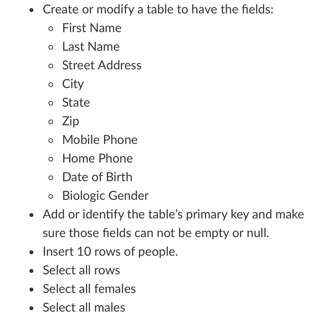Solved Create or modify a table to have the fields:First | Chegg.com