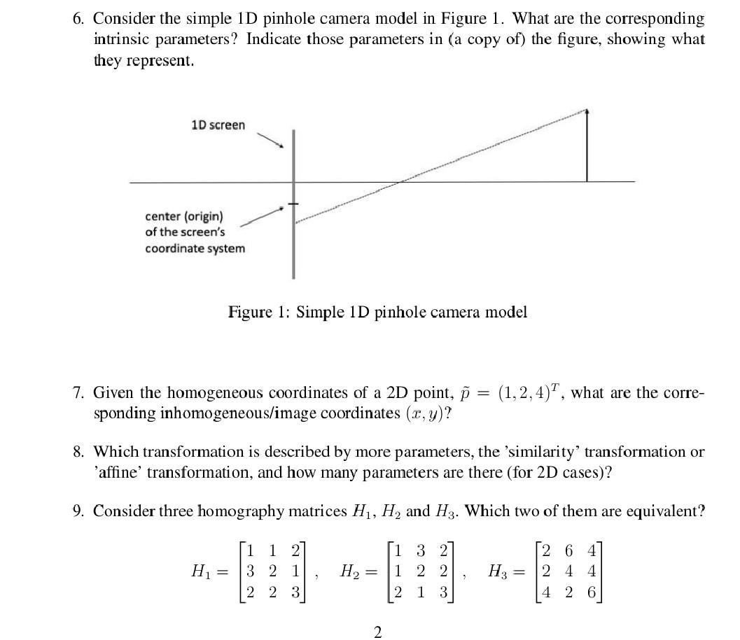 Solved 6. Consider the simple 1D pinhole camera model in | Chegg.com