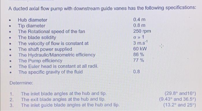 Solved A ducted axial flow pump with downstream guide vanes | Chegg.com