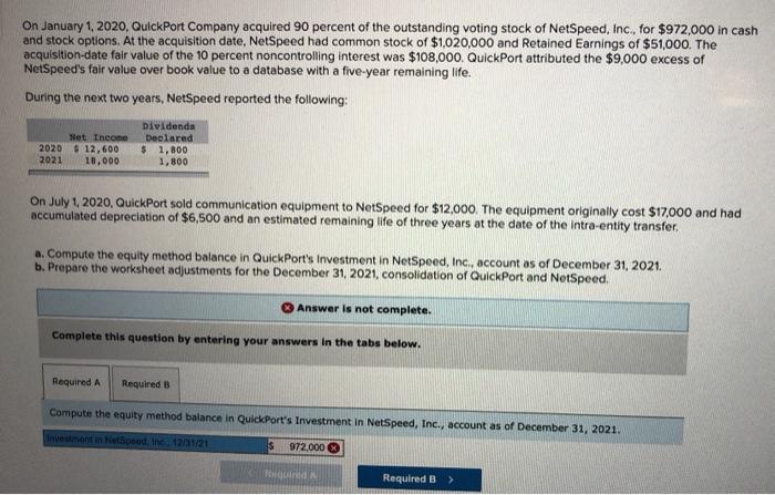 Solved On January 1, 2020, QuickPort Company acquired 90 | Chegg.com