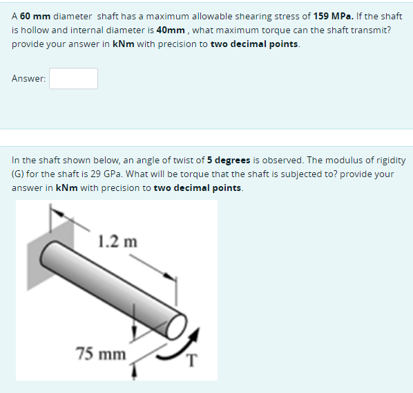 Solved A 60mm ﻿diameter shaft has a maximum allowable | Chegg.com
