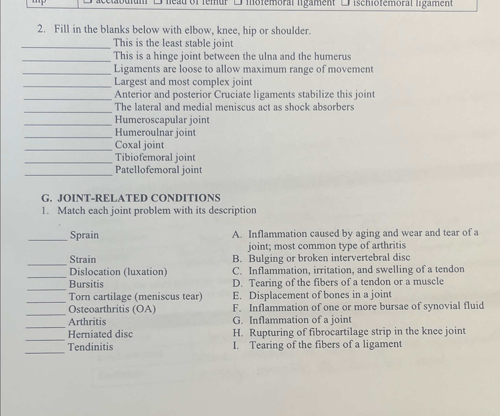 Solved Fill in the blanks below with elbow, knee, hip or | Chegg.com