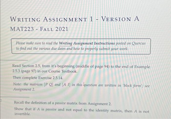 Solved WRITING ASSIGNMENT 1 - VERSION A MAT223 - FALL 2021 | Chegg.com