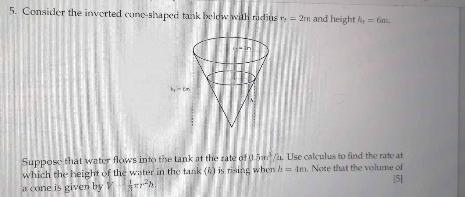 Solved 5. Consider the inverted cone-shaped tank below with | Chegg.com