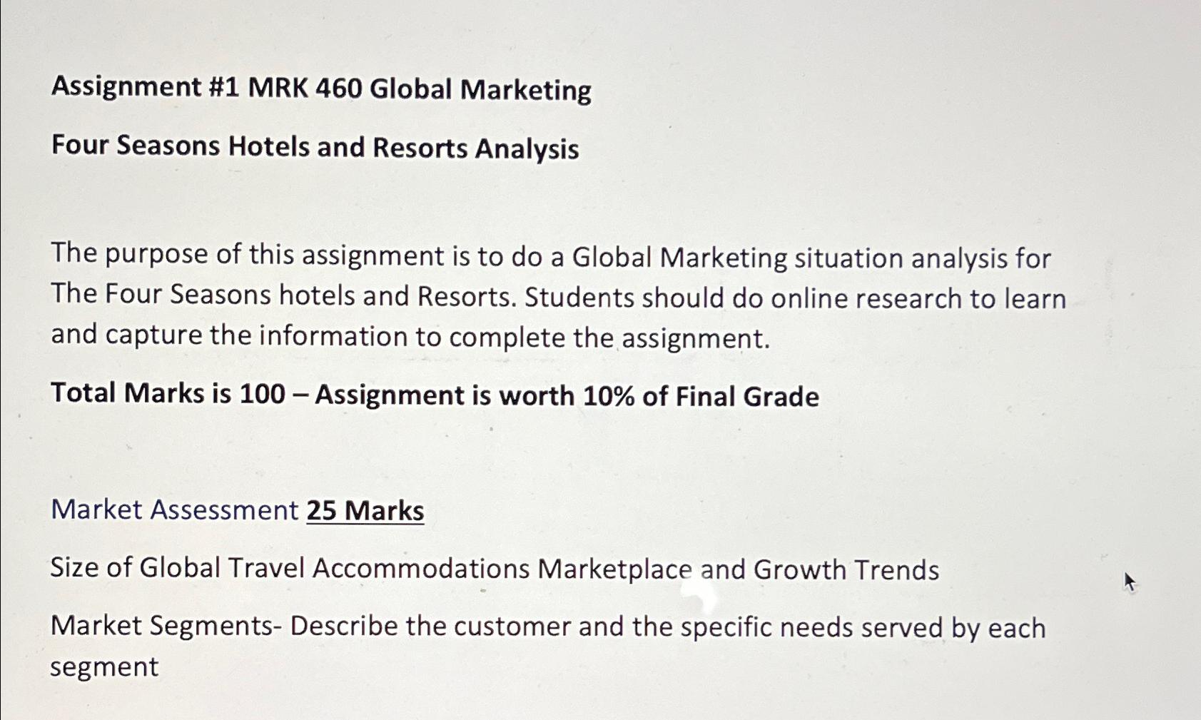 Solved Assignment #1 ﻿MRK 460 ﻿Global MarketingFour Seasons | Chegg.com