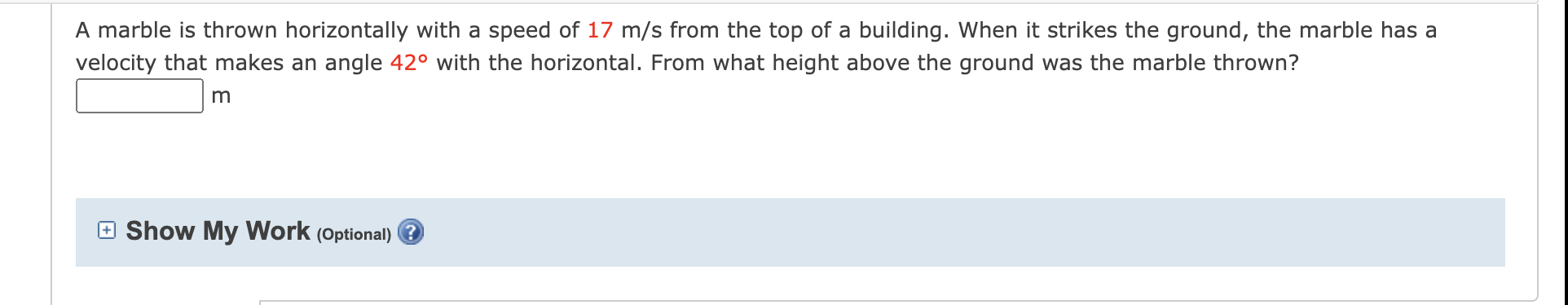 Solved A marble is thrown horizontally with a speed of 17ms | Chegg.com