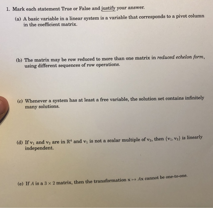 Solved 1. Mark each statement True or False and justify your | Chegg.com
