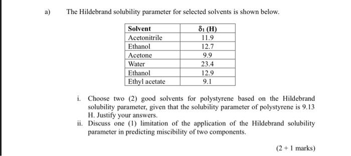Solved a) The Hildebrand solubility parameter for selected | Chegg.com