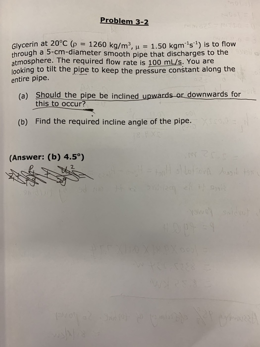 Solved Problem 3-2 Glycerin at 20°C (p = 1260 kg/m3. u = | Chegg.com
