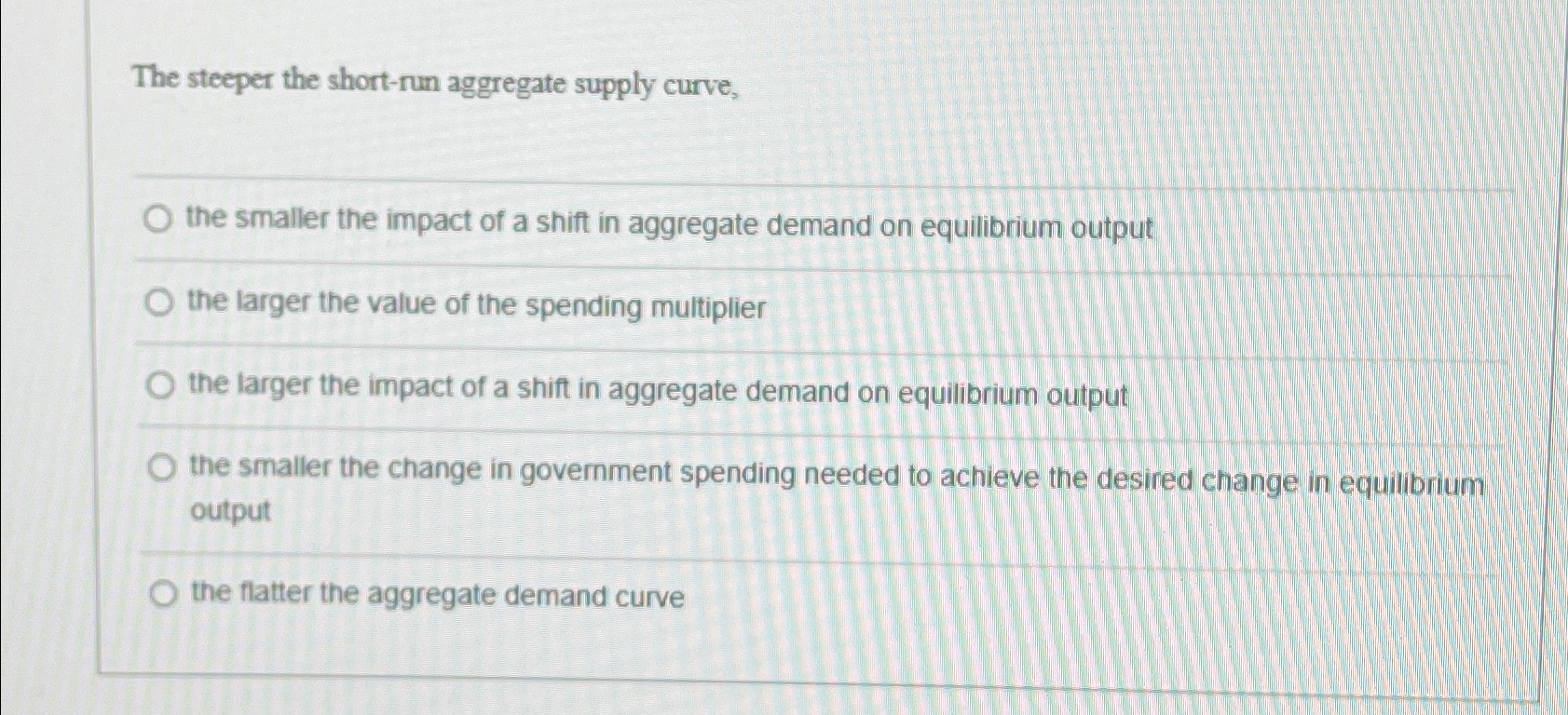 Solved The steeper the short-run aggregate supply curve,the | Chegg.com
