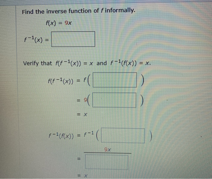 Solved Find the inverse function of f informally. f(x) = 9x | Chegg.com