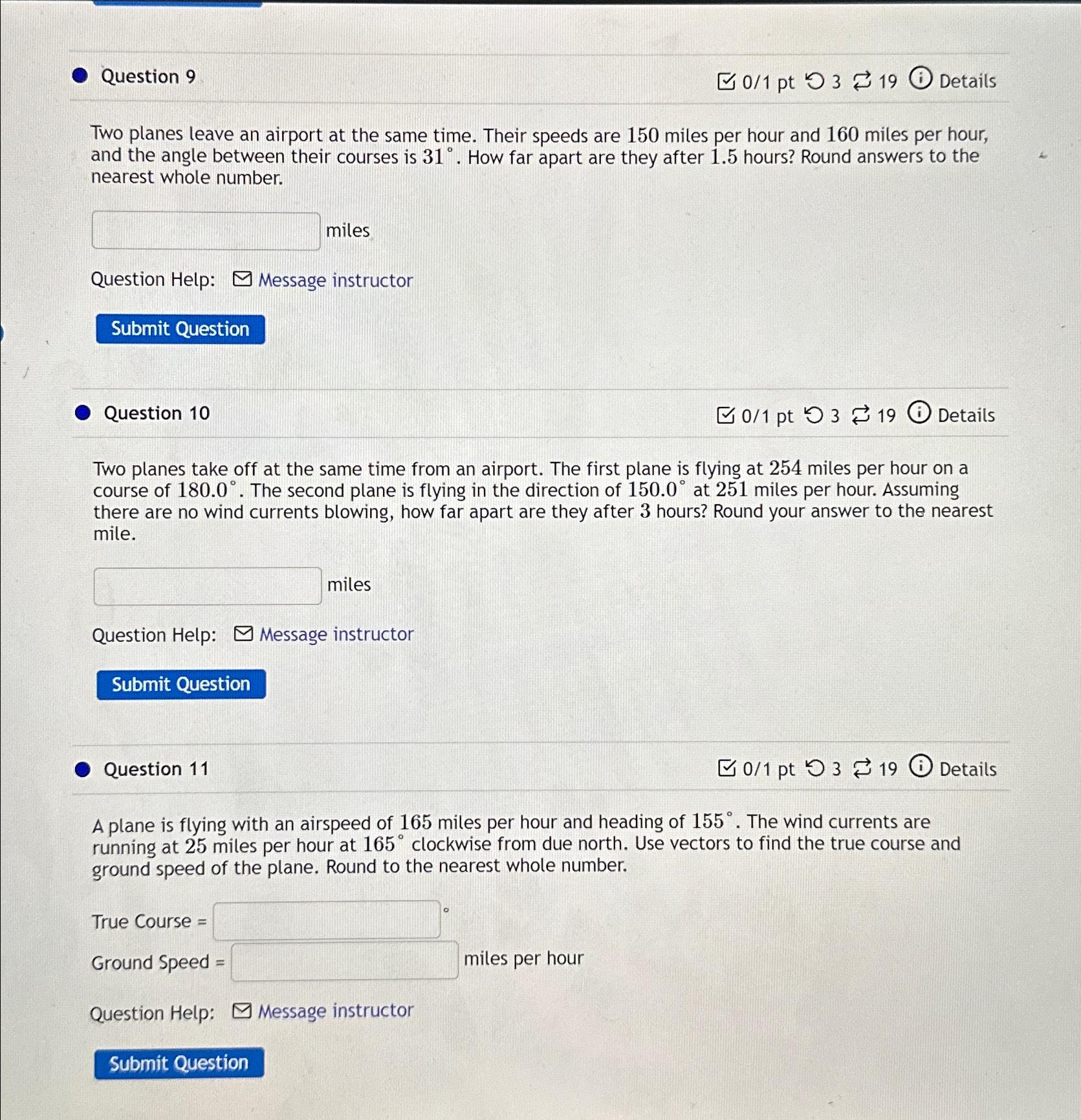 Solved Question 901 ﻿pt り3⇄19DetailsTwo planes leave an | Chegg.com