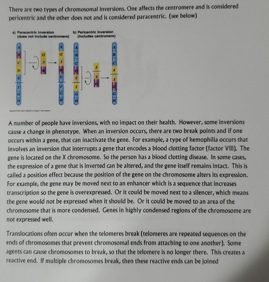 Solved There are two types of chromosomal inversions. One | Chegg.com