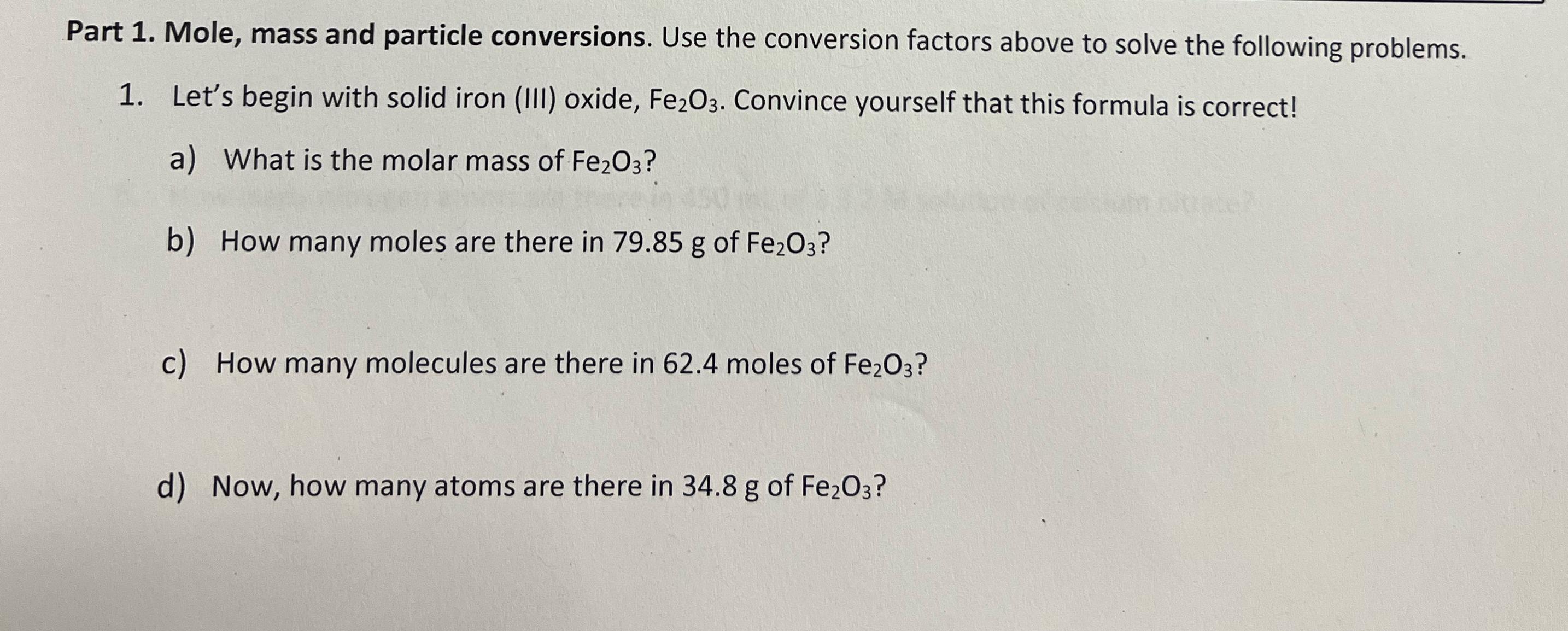 PLEASE HELPPart 1. ﻿Mole, mass and particle | Chegg.com
