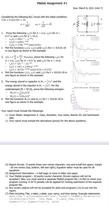 Matlab Assignment #1 Due: March 8, 2021 (Unit 7) | Chegg.com