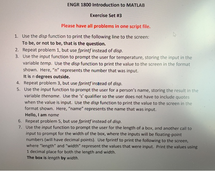 Solved Engr 1800 Introduction To Matlab Exercise Set 3