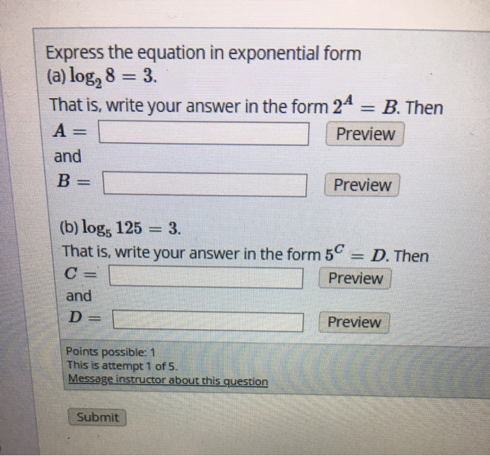 Solved Express The Equation In Exponential Form A Log 8 5192