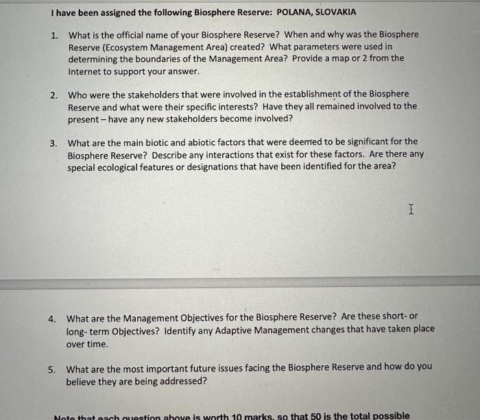 Solved I have been assigned the following Biosphere Reserve: | Chegg.com