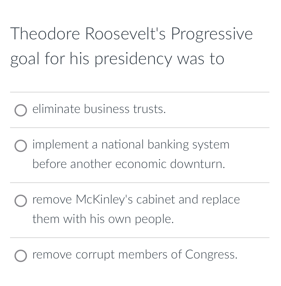 Solved Theodore Roosevelt's Progressive goal for his | Chegg.com