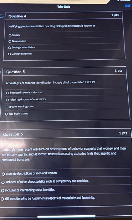 Solved Question 5 1 pts Advantages of feminist | Chegg.com