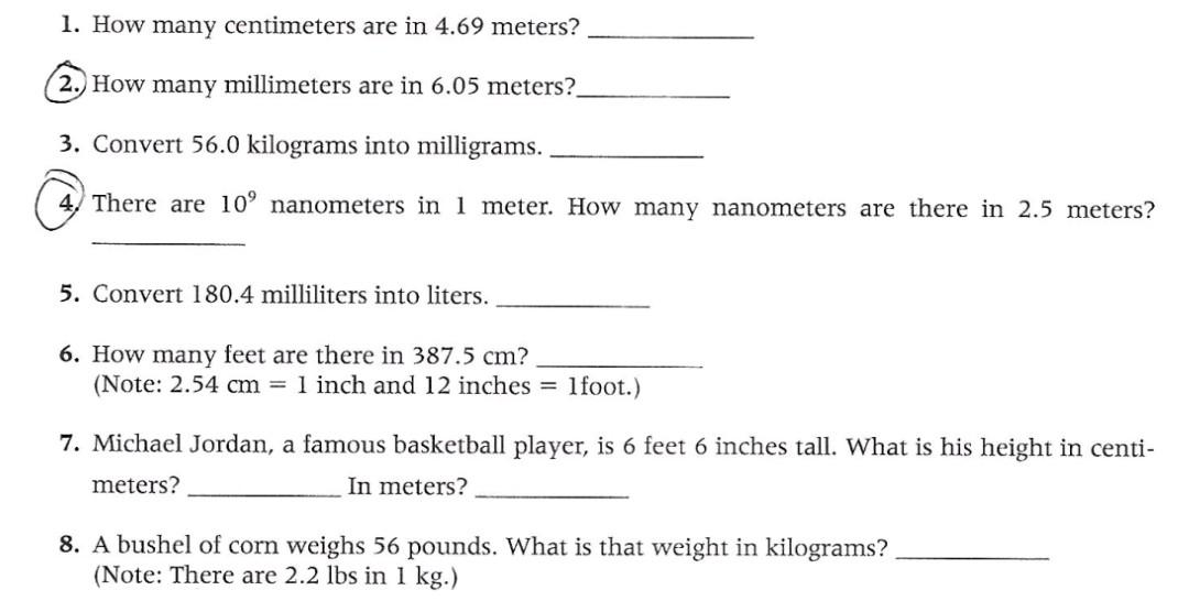 Solved 1 How Many Centimeters Are In 4 69 Meters 2 How Chegg