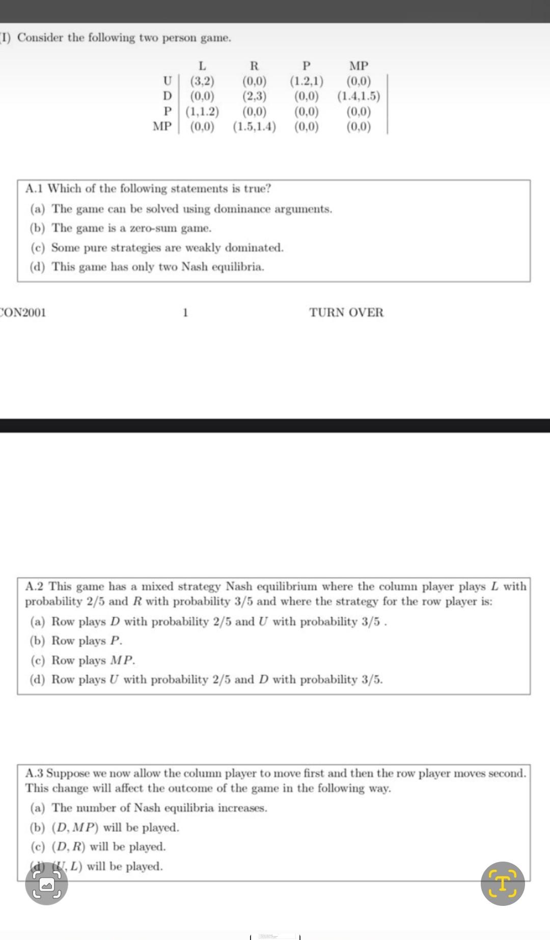 Solved Consider the following two person game. A. 1 Which of | Chegg.com