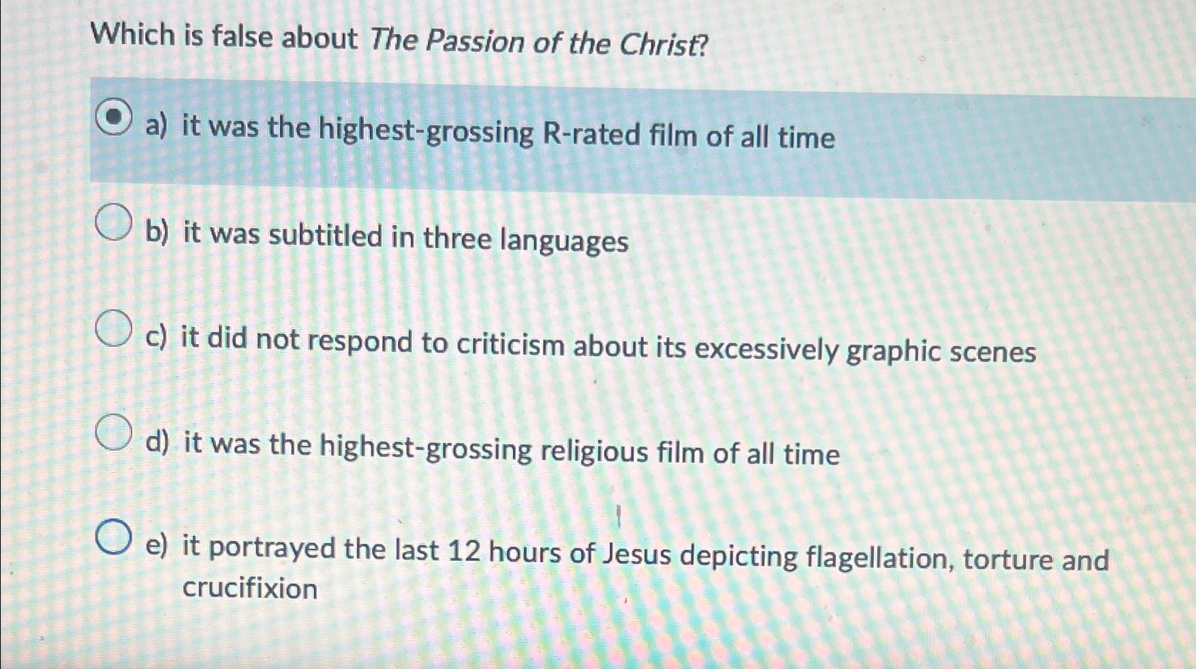 Solved Which is false about The Passion of the Christ?a) ﻿it | Chegg.com