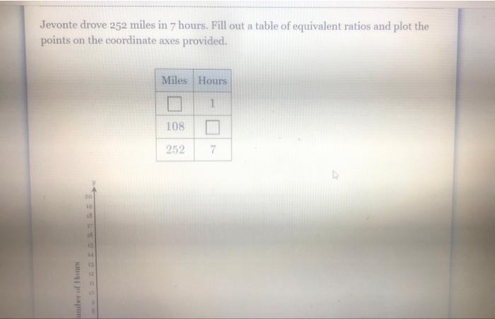 Solved Jevonte drove 252 miles in 7 hours. Fill out a table | Chegg.com