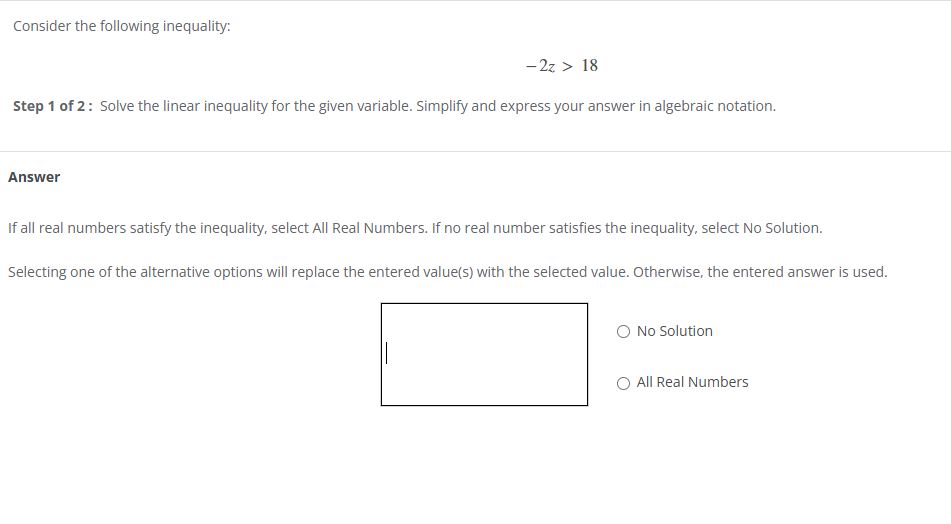 Solved Consider the following inequality:\[-2 ﻿z>18\]Step 1 | Chegg.com
