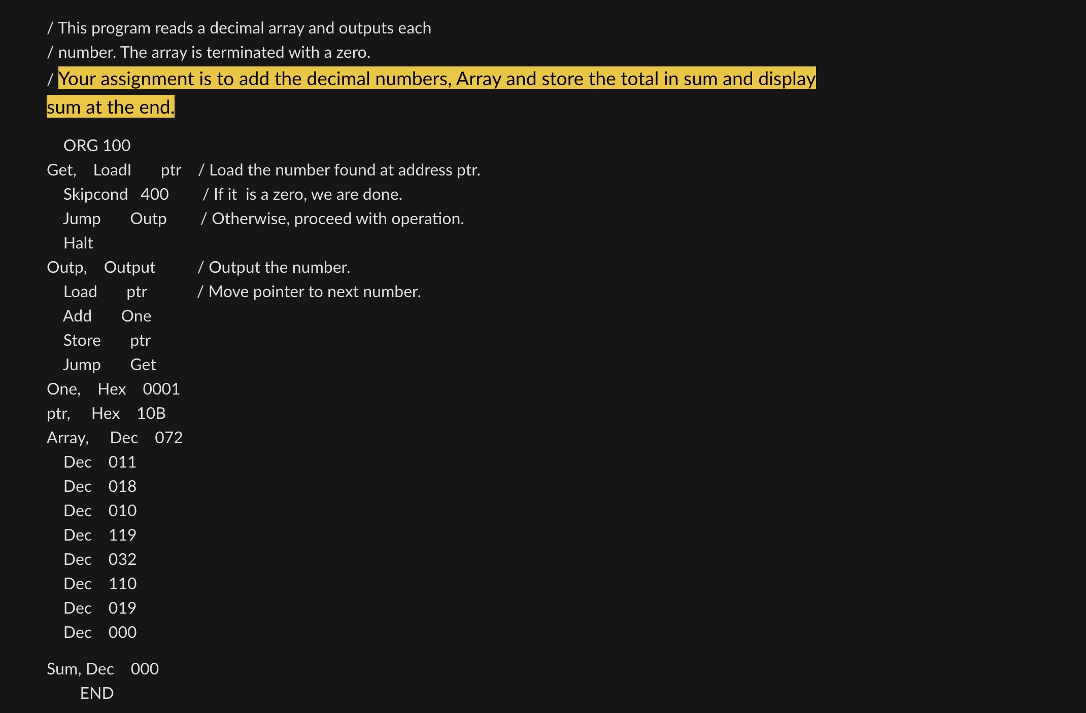 This program reads a decimal array and outputs | Chegg.com
