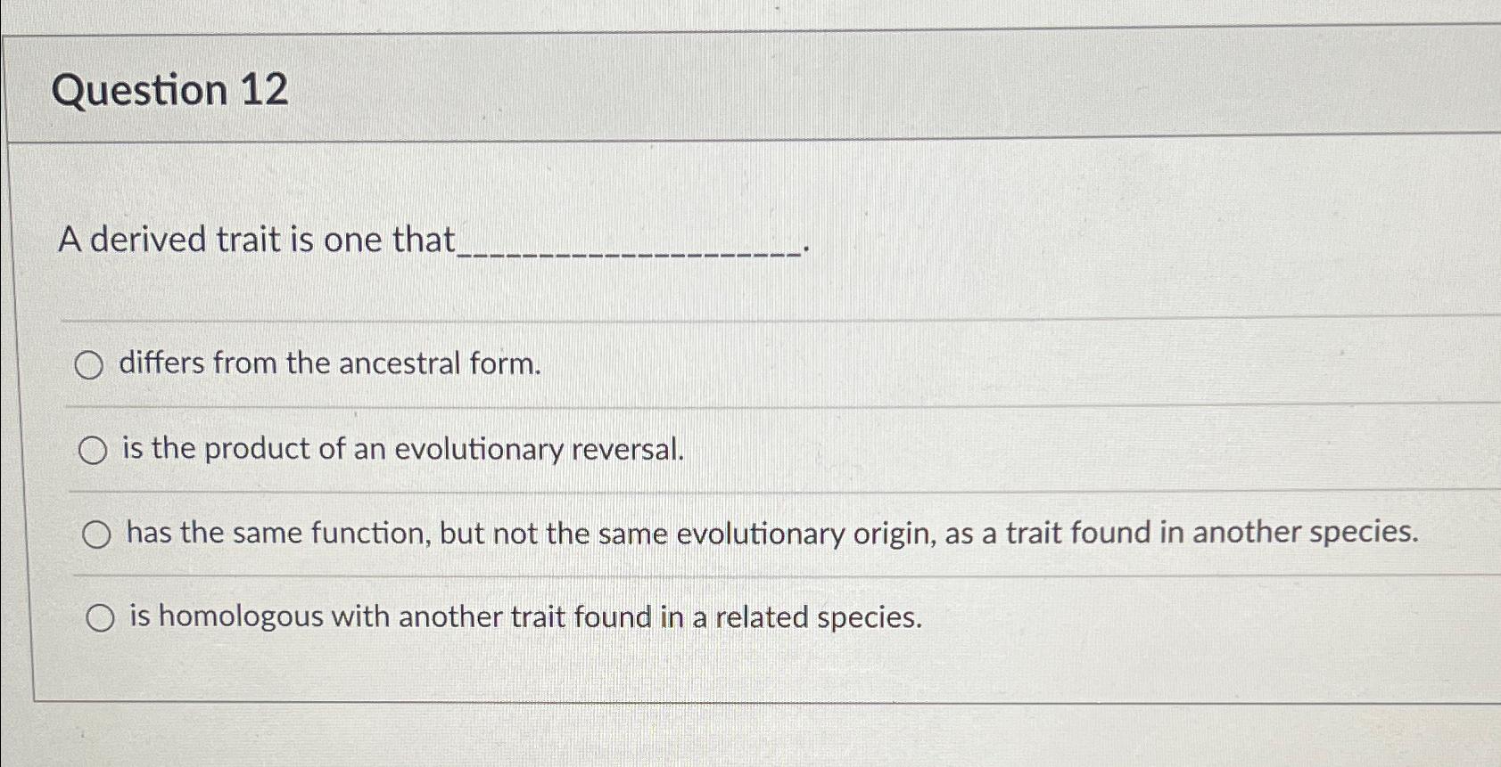 Solved Question 12A derived trait is one thatdiffers from | Chegg.com