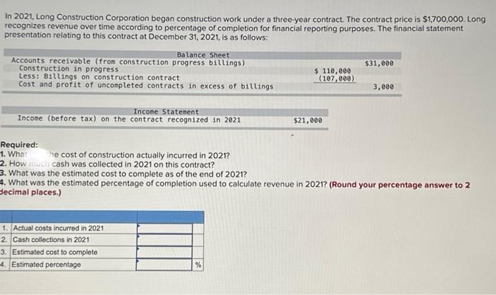 Solved In 2021, Long Construction Corporation began | Chegg.com