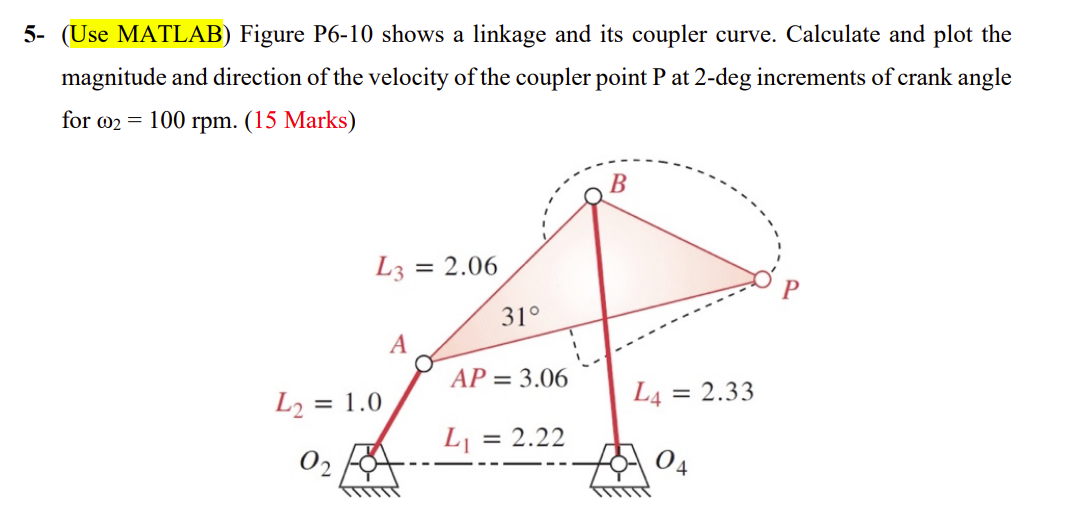Solved 5- (Use ﻿MATLAB) ﻿Figure P6-10 ﻿shows a linkage and | Chegg.com