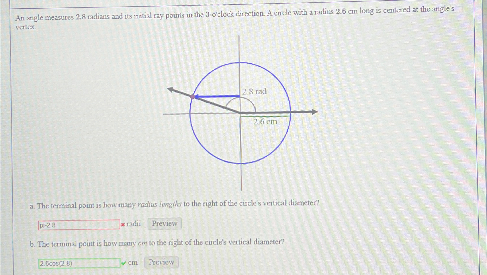 Solved An angle measures 2.8 ﻿radians and its initial ray | Chegg.com