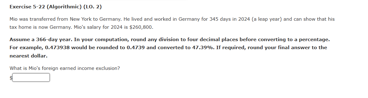 Solved Exercise 5-22 (Algorithmic) (LO. 2) ﻿Mio was | Chegg.com