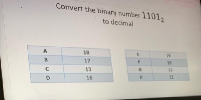 Solved Convert the binary number 11012 to decimal A 18 17 B | Chegg.com