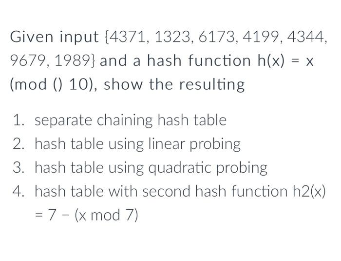 Solved Given input {4371,1323,6173,4199,4344, 9679,19893 and | Chegg.com