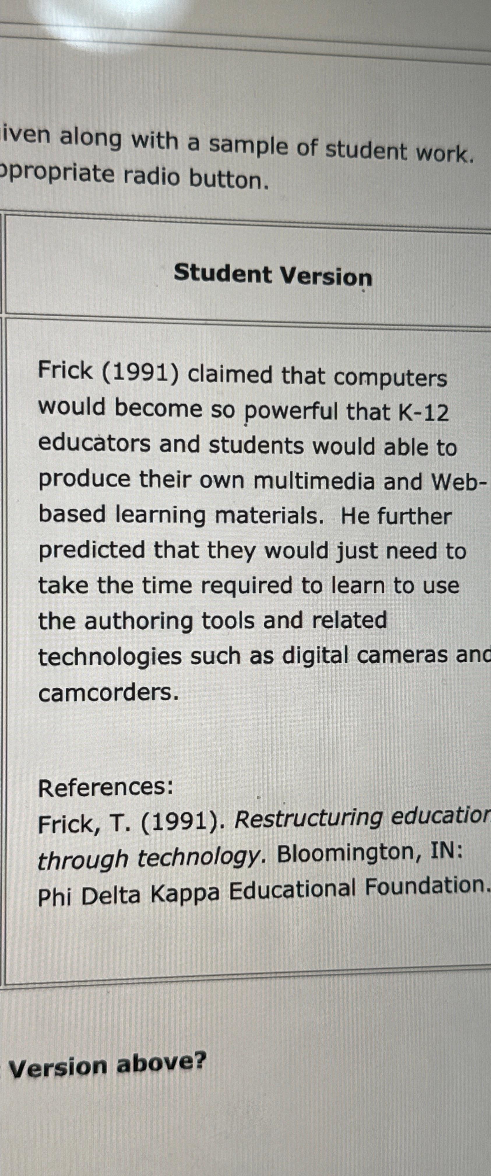 Solved iven along with a sample of student work. propriate | Chegg.com