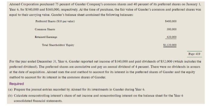 Solved Ahmed Corporation purchased 75 percent of Gander | Chegg.com