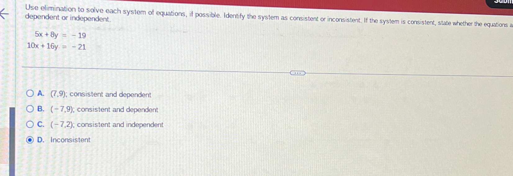 Use elimination to solve each system of equations, if | Chegg.com