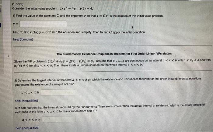 Solved (1 point) Consider the initial value problem 2xy' = | Chegg.com