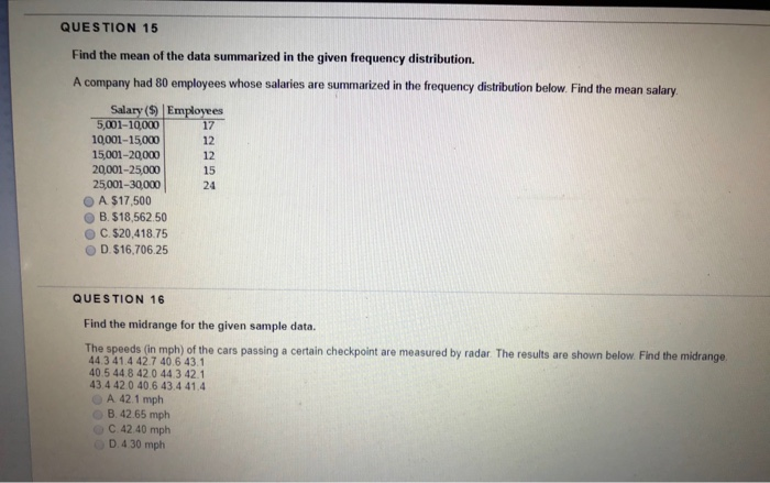 Solved QUESTION 12 Find the mean of the data summarized in | Chegg.com
