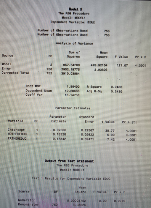 Solved 4. (2) (SAS) Using the data in mroz to answer this | Chegg.com