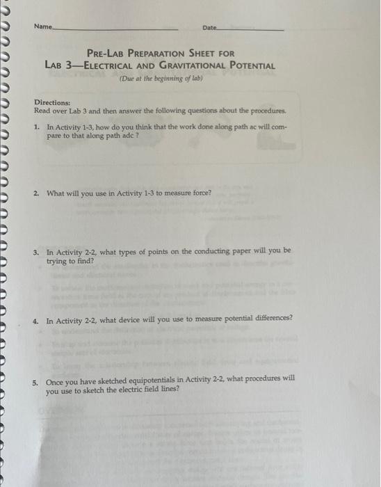 Name. Date Pre-Lab Preparation SHEET FOR LAB | Chegg.com Name. Date Pre-Lab Preparation SHEET FOR LAB | Chegg.com