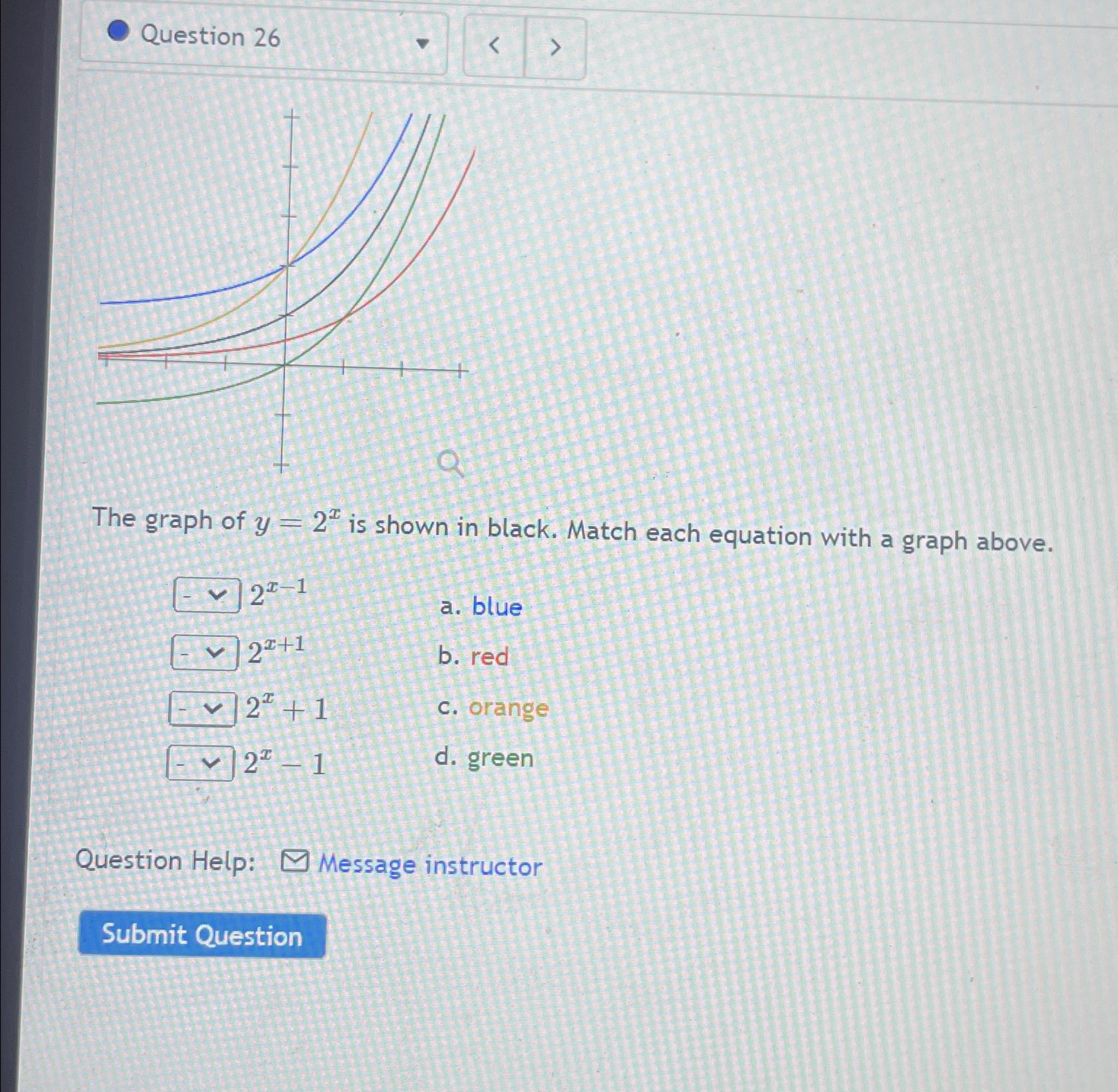 Solved Question 26The graph of y=2x ﻿is shown in black. | Chegg.com