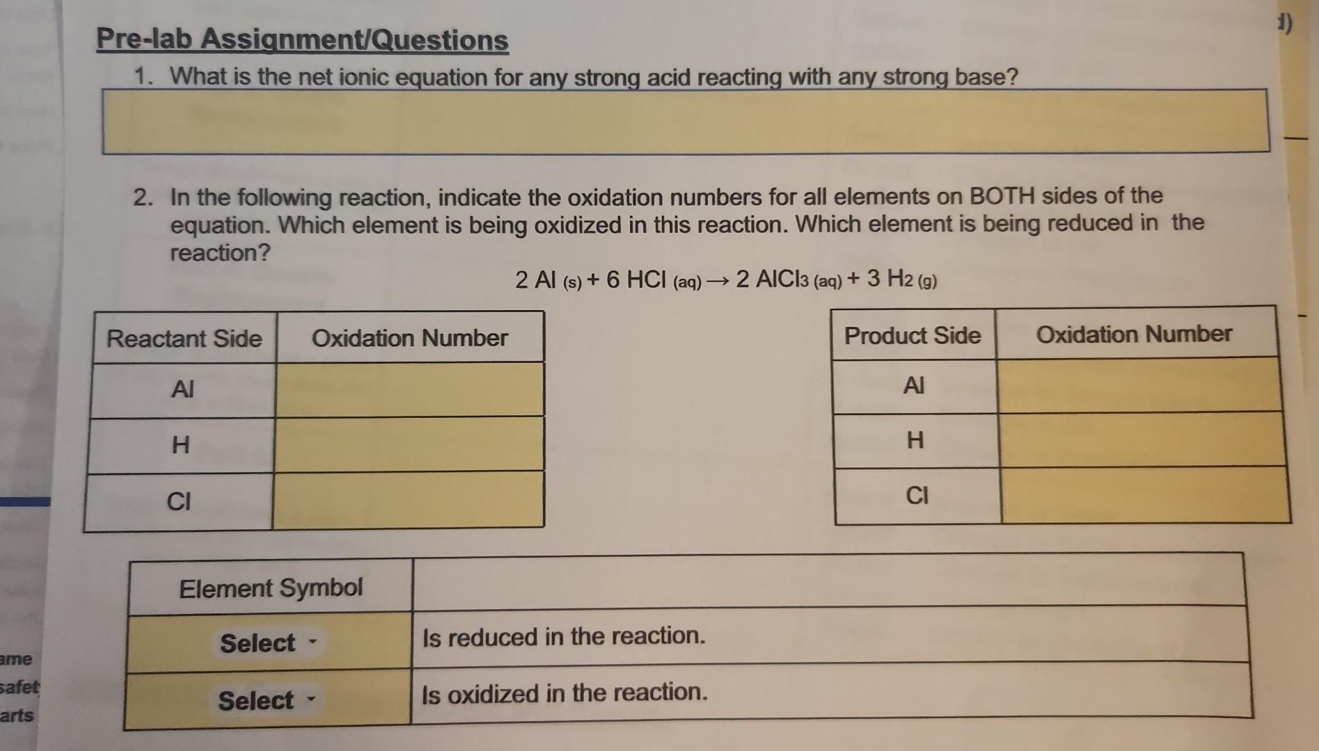 Solved Pre-lab Assignment/Questions 1. What is the net ionic | Chegg.com
