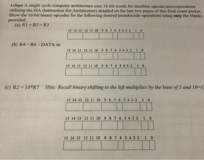 Solved 4 20pt Single Cycle Computer Architecture Uses 16 Bit Words Machine Opcode