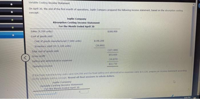 [solved] Variable Costing Income Statement On Abril 30 T