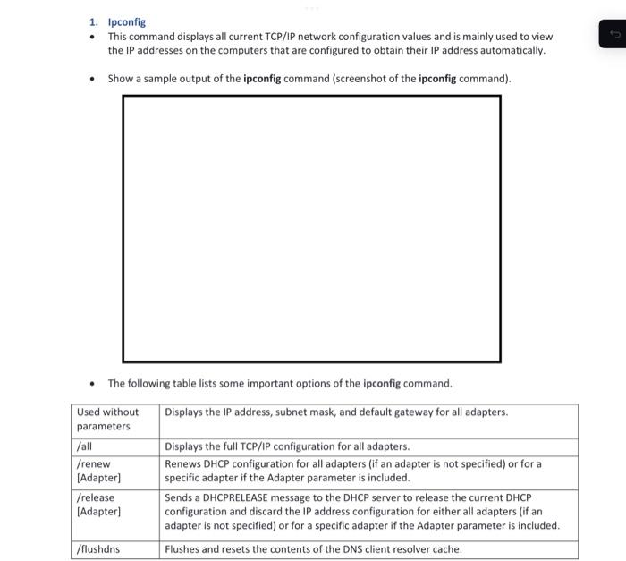 Solved 1. Ipconfig - This command displays all current | Chegg.com