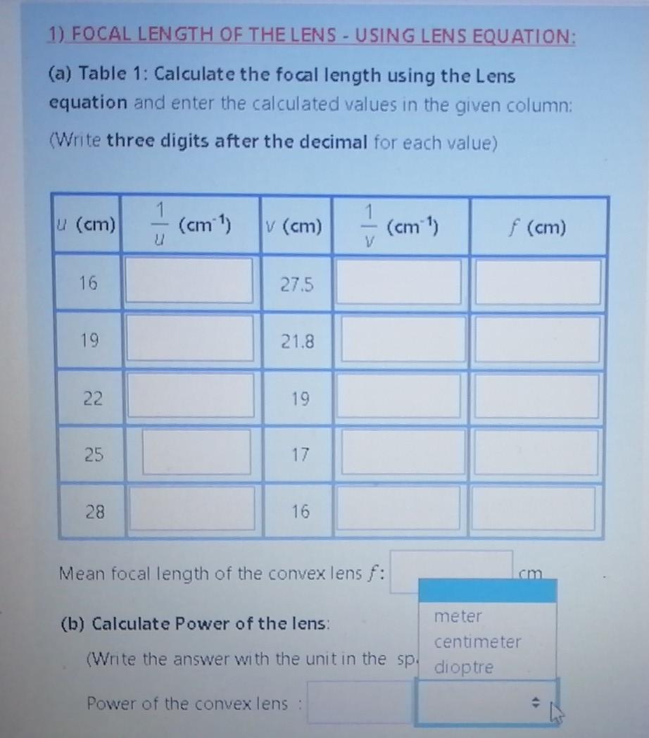 Solved 1) FOCAL LENGTH OF THE LENS - USING LENS EQUATION: | Chegg.com